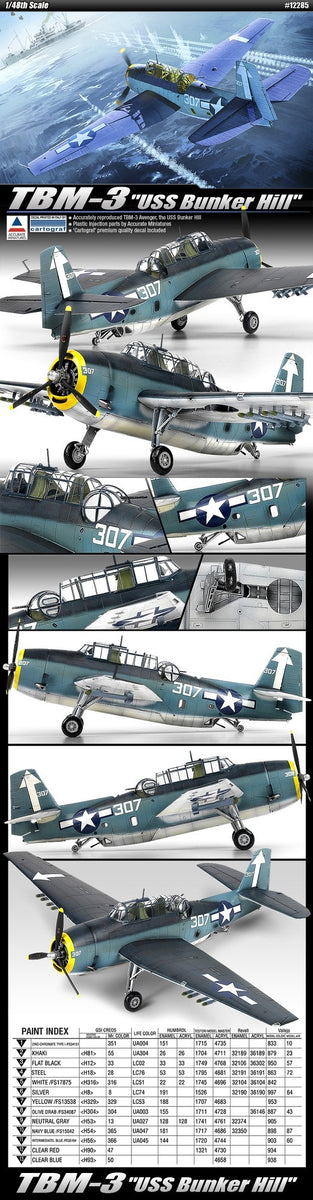 Academy 1/48 TBM-3 USS Bunker Hill Avenger Plastic Model Kit 12285 ...